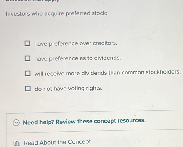 Solved: Investors who acquire preferred stock: have preference over ...