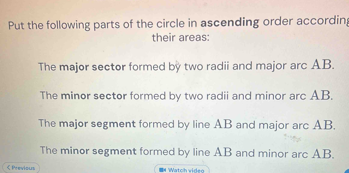 Solved: Put the following parts of the circle in ascending order ...