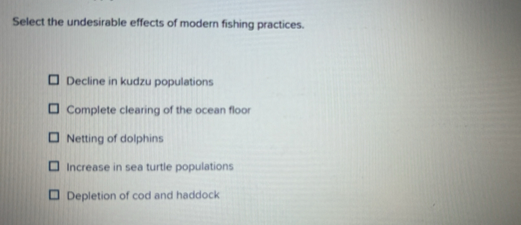Solved: Select the undesirable effects of modern fishing practices ...
