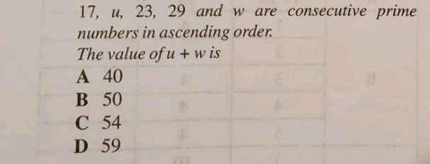 Selesai:17, u, 23, 29 and w are consecutive prime numbers in ascending ...