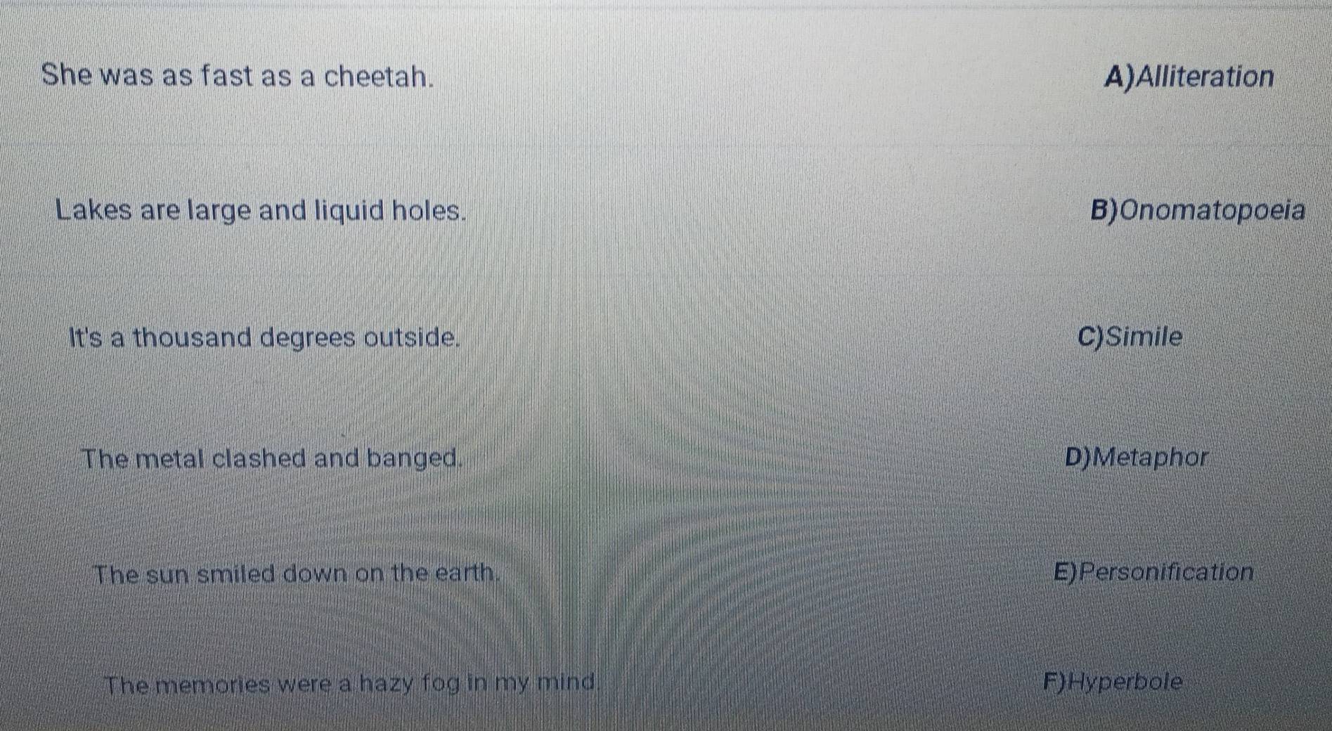 Solved: She was as fast as a cheetah. A)Alliteration Lakes are large ...