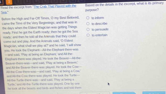 Solved: Read the excerpt from 'The Crab That Played with the Based on ...