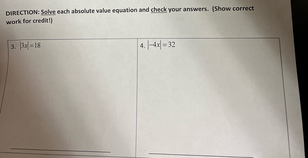 Solved: DIRECTION: Solve each absolute value equation and check your ...