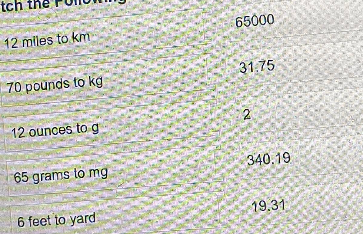 Solved: tch the Folom 65000 12 miles to km 31.75 70 pounds to kg 2 12 ...