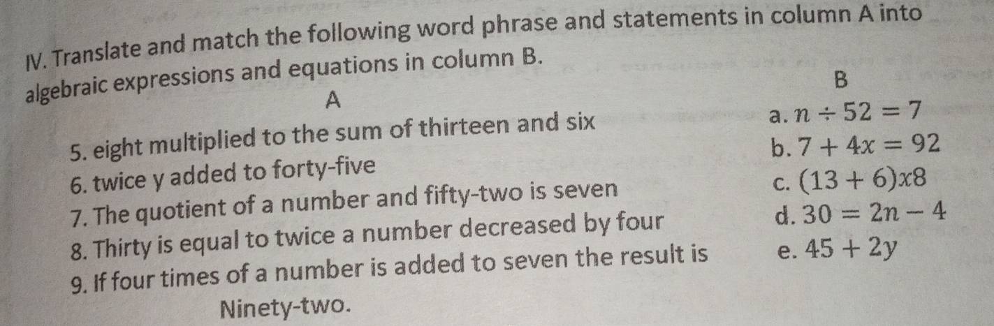 Solved: Translate and match the following word phrase and statements in ...
