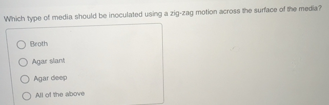 Solved: Which type of media should be inoculated using a zig-zag motion ...