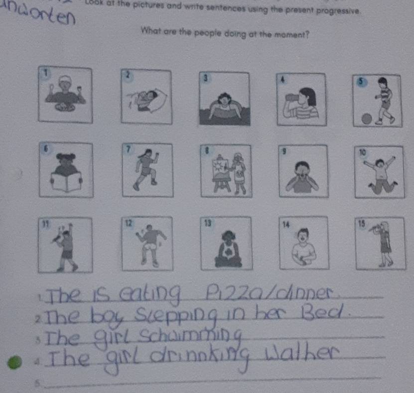 Gelöst:L85k at the pictures and write sentences using the present ...