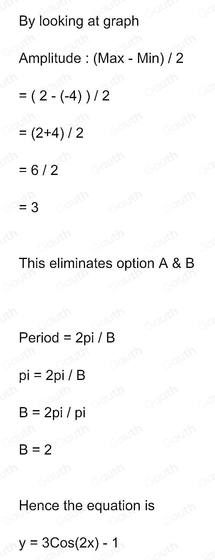 Solved: Write a cosine function for the graph shown. y=2cos (2x)-1 y ...