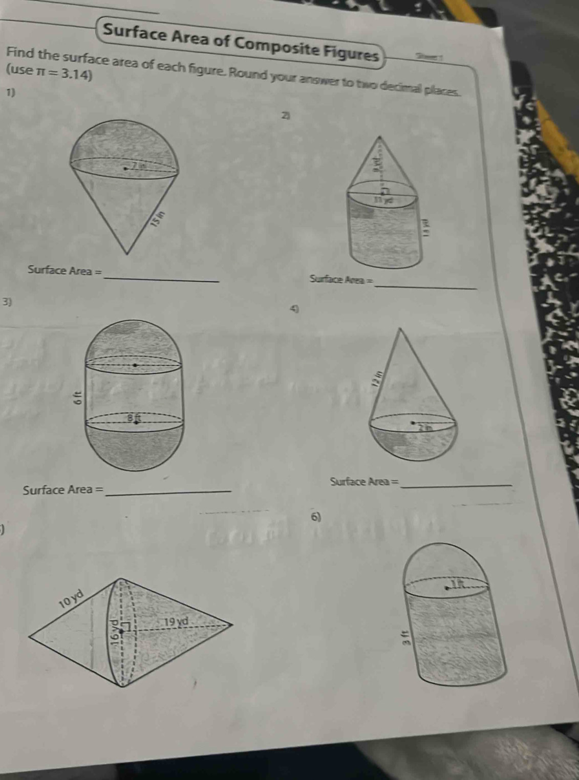 Solved: Surface Area of Composite Figures Shee ! (use π =3.14) Find the ...
