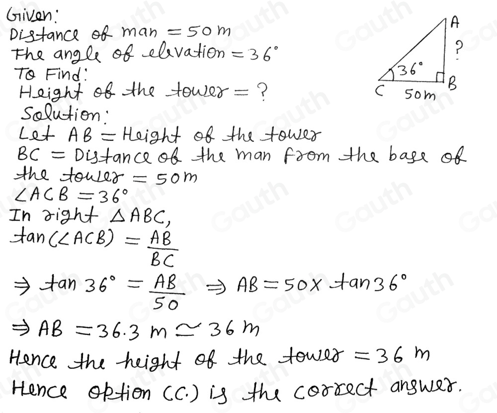 Solved: A man stands 50 meters away from the base of a tower. The angle ...