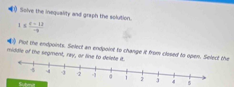 Solved: Solve the inequality and graph the solution. 1≤ (c-12)/-9 Plot the endpoints. Select an ...