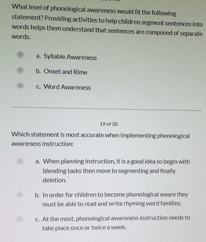 Solved: What level of phonological awareness would fit the following ...
