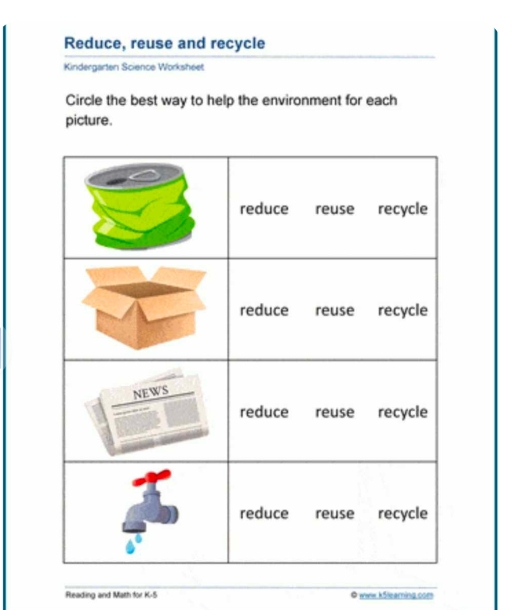 Solved: Reduce, reuse and recycle Kindergarten Science Worksheet Circle ...