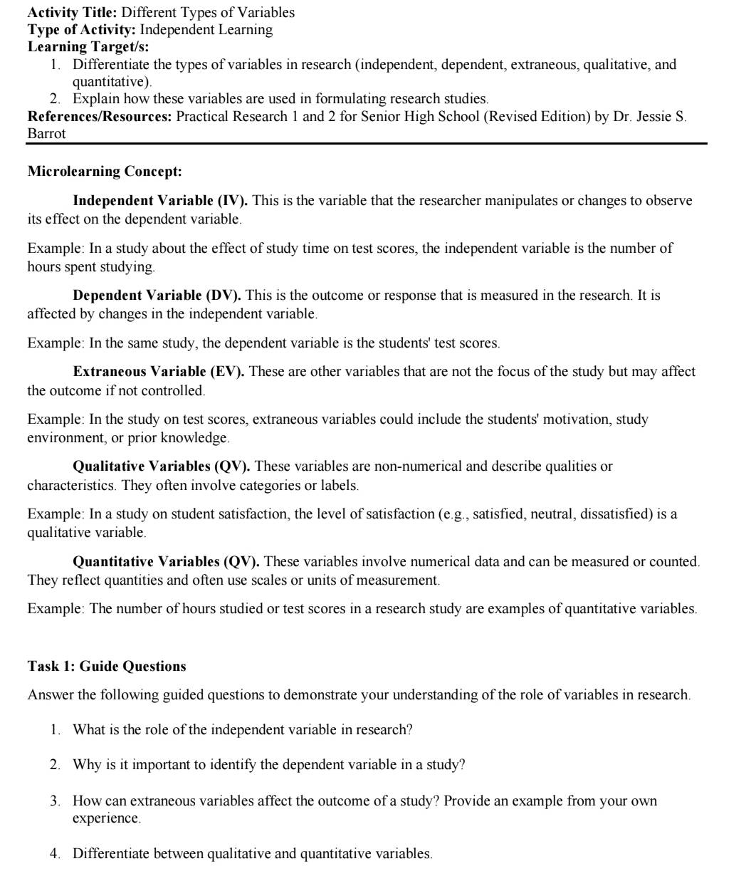 Solved: Activity Title: Different Types of Variables Type of Activity ...