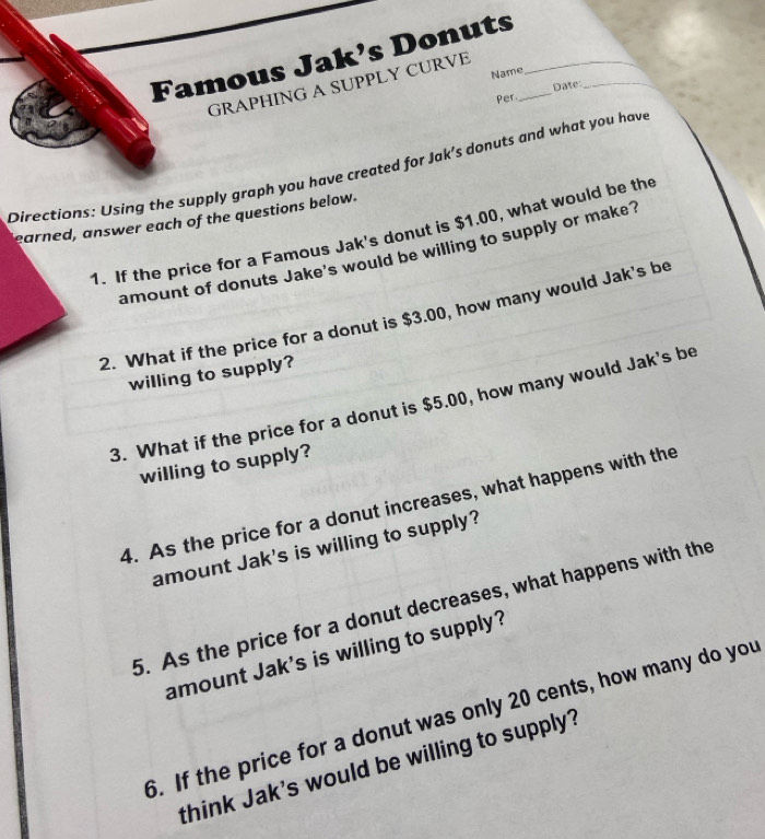 Solved: Famous Jak’s Donuts__ _ Name GRAPHING A SUPPLY CURVE Per Date ...