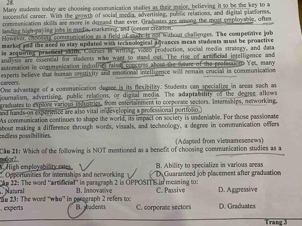 Giải quyết:Many students today are choosing communication studies as ...