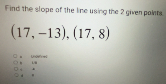 Solved: Find the slope of the line using the 2 given points. (17,-13 ...