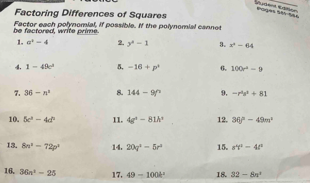 Solved: Student Edition Pages 581-586 Factoring Differences of Squares ...