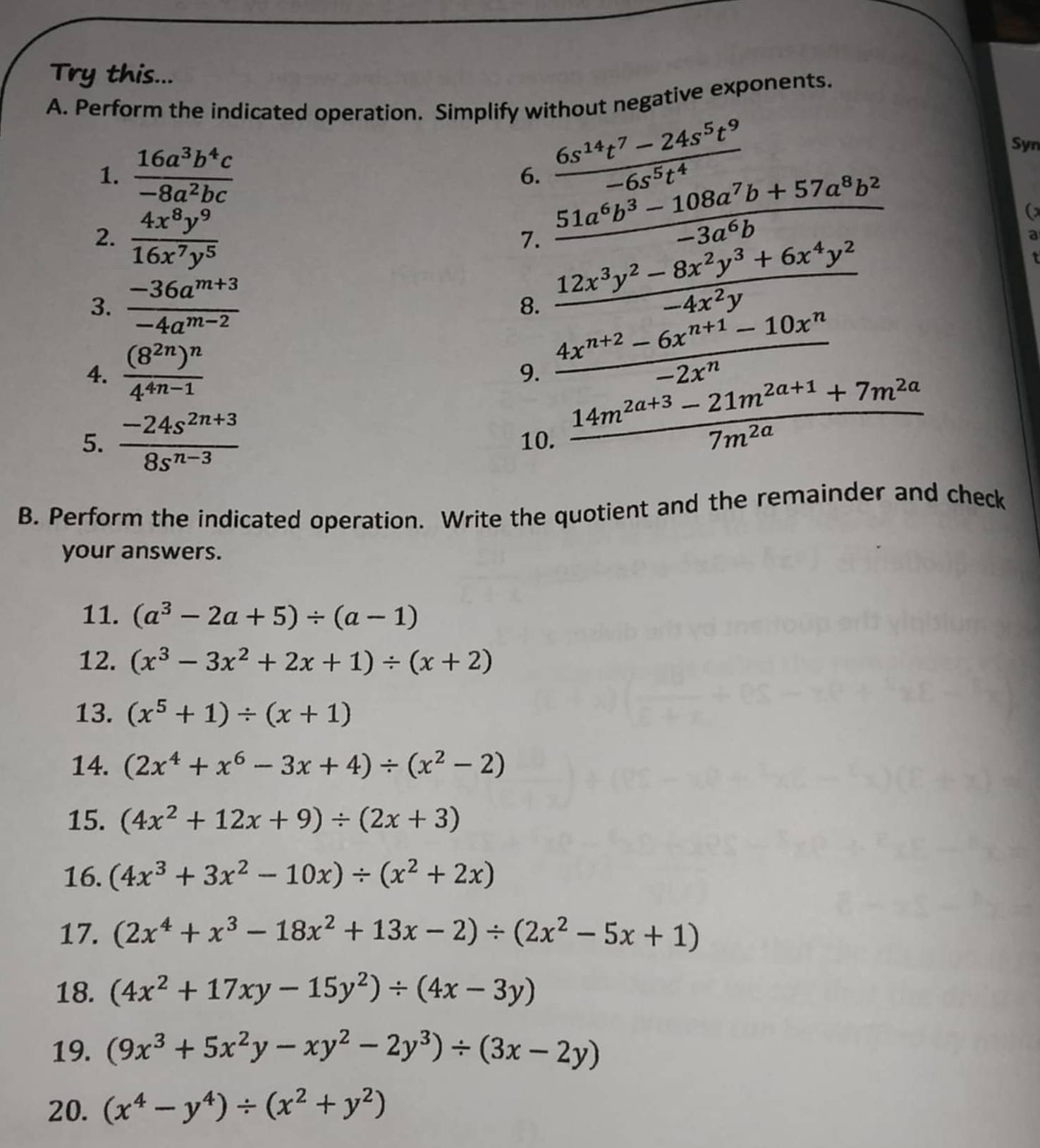 Solved: Try this... A. Perform the indicated operation. Simplify ...