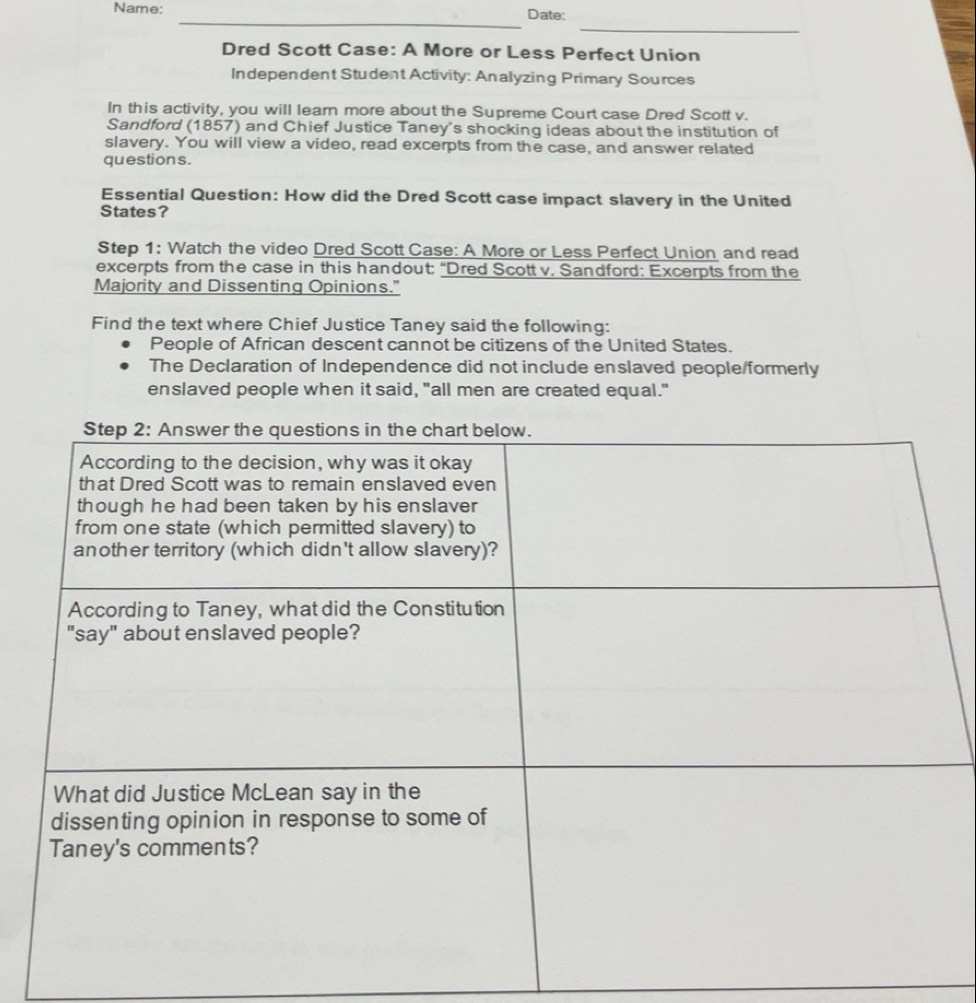 Solved: Name: Date: _ _ Dred Scott Case: A More or Less Perfect Union ...