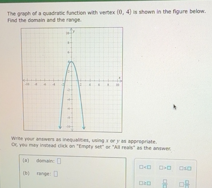Solved: The graph of a quadratic function with vertex (0,4) is shown in the figure below. Find ...