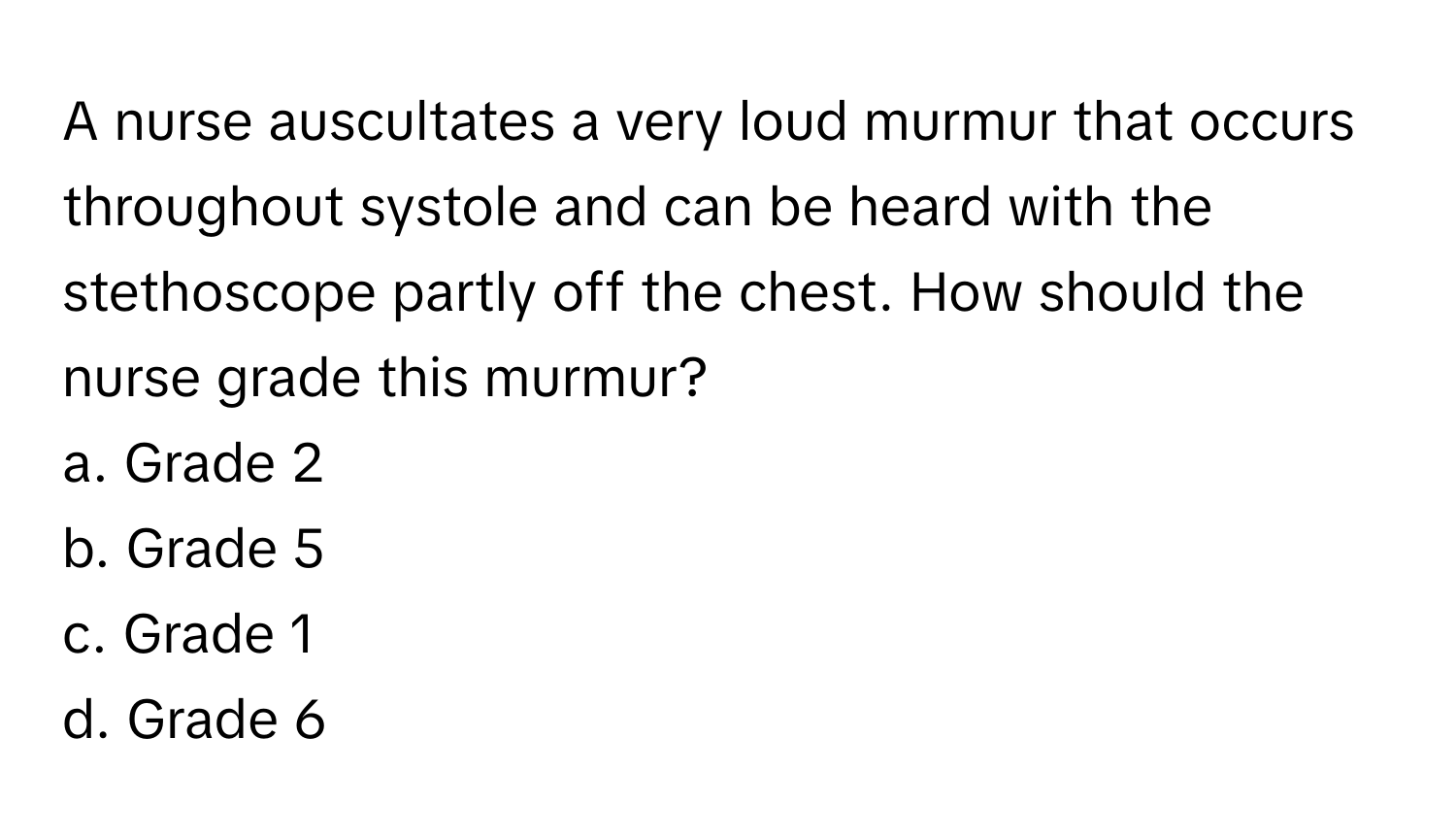Solved: A nurse auscultates a very loud murmur that occurs throughout ...