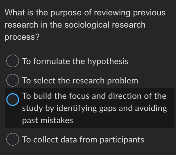 Solved: What is the purpose of reviewing previous research in the ...