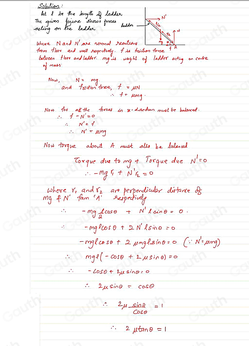Solved: A uniform ladder rests in limiting equilibrium with its top against a smooth vertical ...