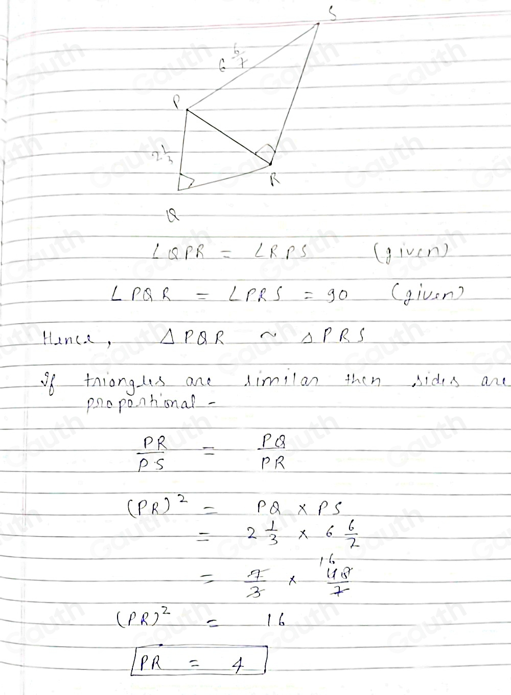 Solved: [IMC 2006 Q23] In the figure, PQ=2 1/3 ,PS=6 6/7 and ∠ QPR=∠ RPS. How long is PR? [Math]