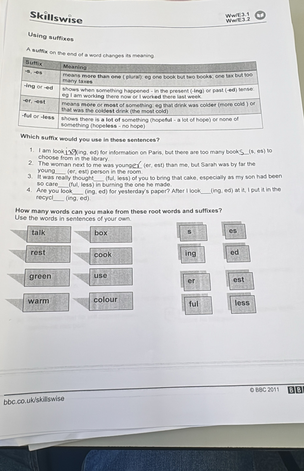 Solved: Skillswise Ww/E3.1 Ww/E3.2 Using suffixes A suffix on the e ...
