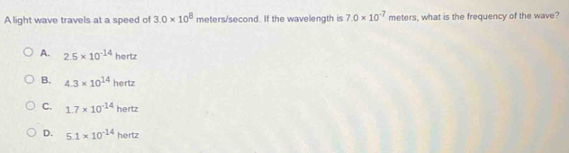 Solved: A light wave travels at a speed of 3.0* 10^8 meters/second. If ...