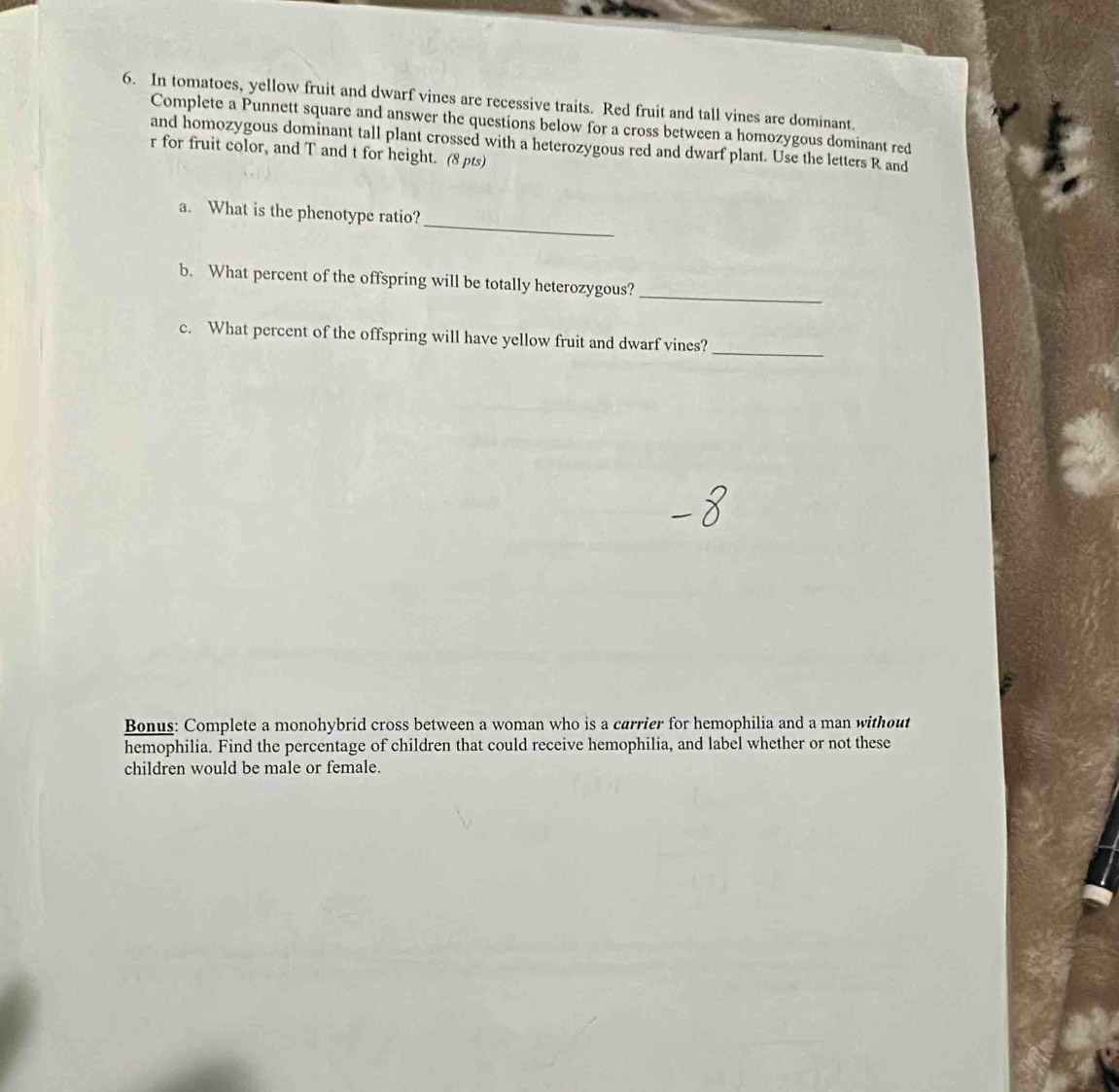 Solved: In tomatoes, yellow fruit and dwarf vines are recessive traits ...