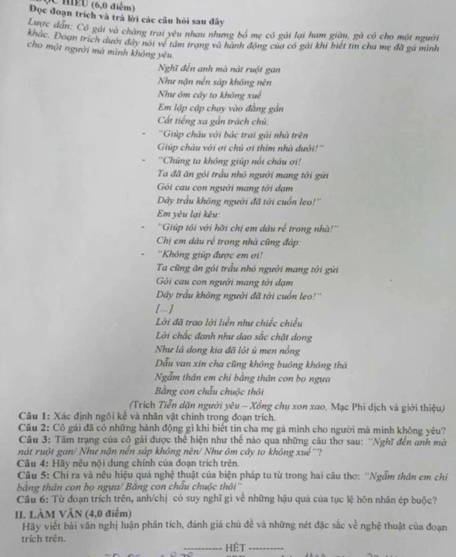 Giải quyết:HEU (6,0 điểm) Đọc đoạn trích và trã lời các cầu hỏi sau đây ...