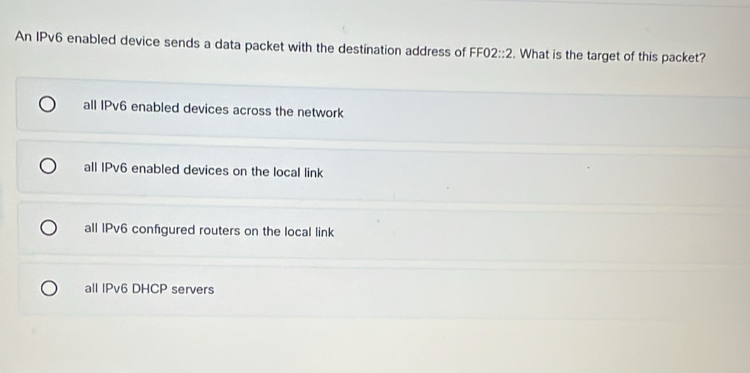 Solved: An IPv6 enabled device sends a data packet with the destination address of FF02::2. What ...