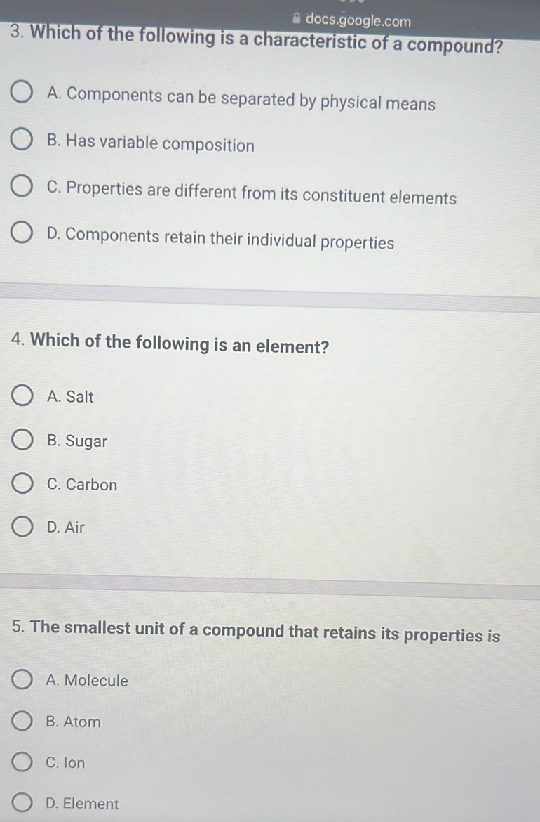 Solved: docs.google.com 3. Which of the following is a characteristic of a compound? A ...