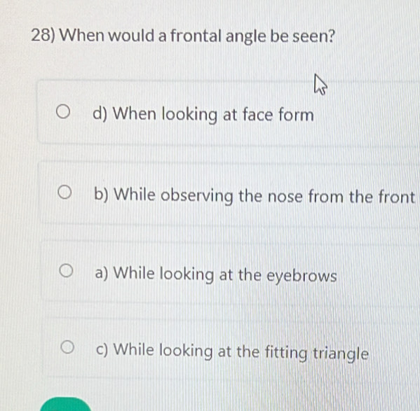 Solved: When would a frontal angle be seen? d) When looking at face ...