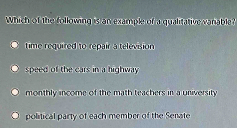 Solved: Which of the following is an example of a qualitative variable ...