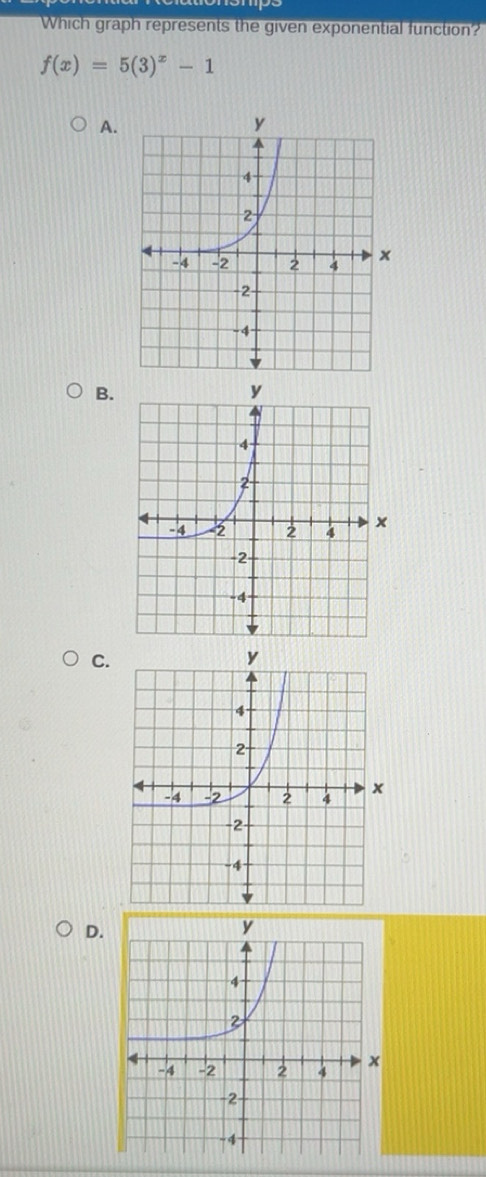 Resuelto:Which graph represents the given exponential function? f(x)=5 ...