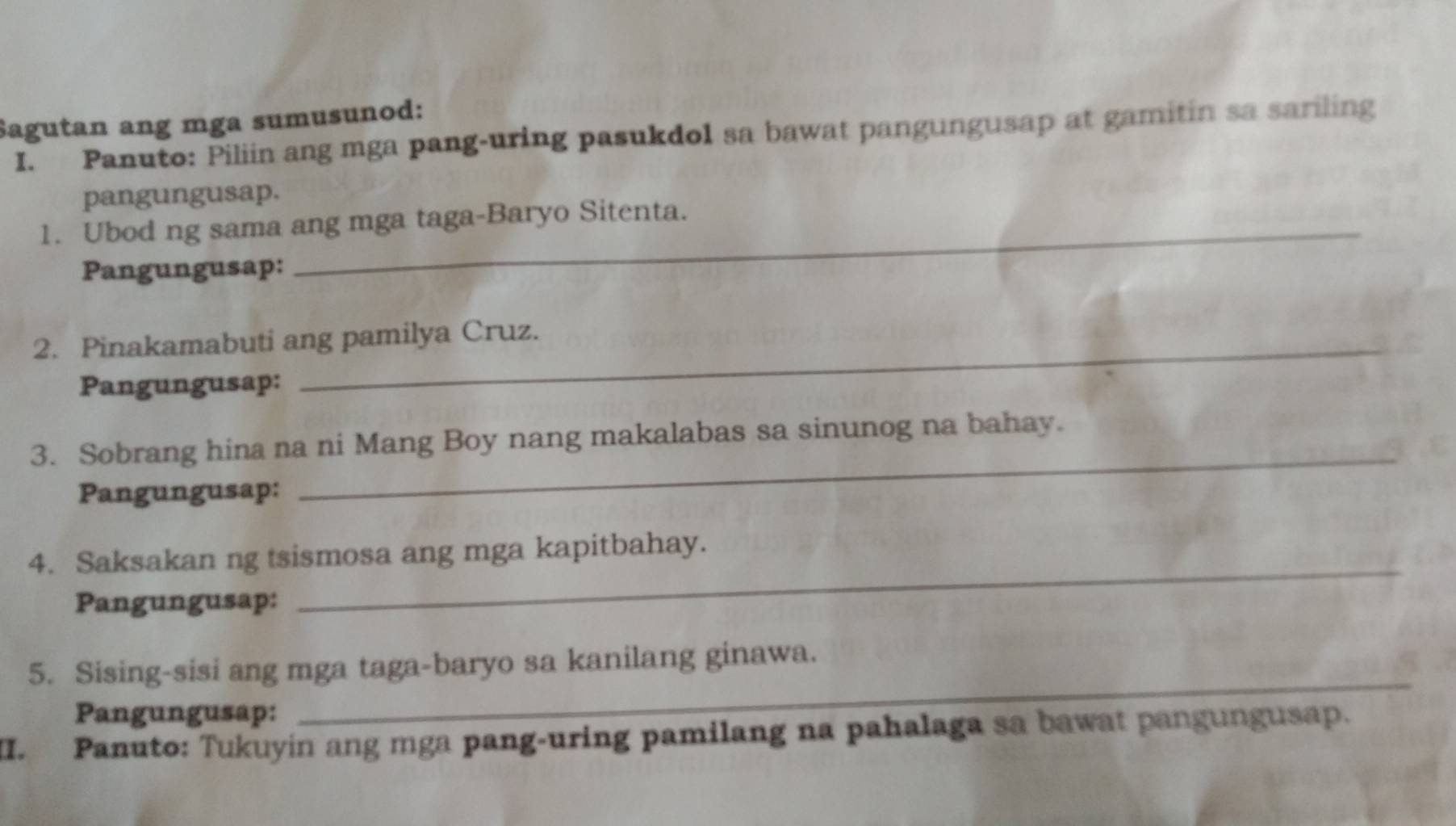 Solved: Sagutan ang mga sumusunod: I. Panuto: Piliin ang mga pang-uring ...