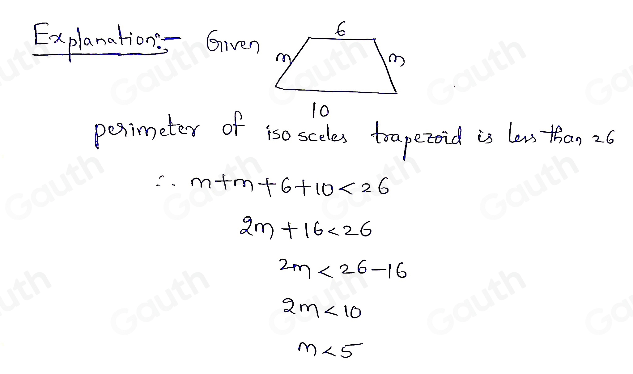 Solved: The perimeter of this isosceles trapezoid is less than 26 ...