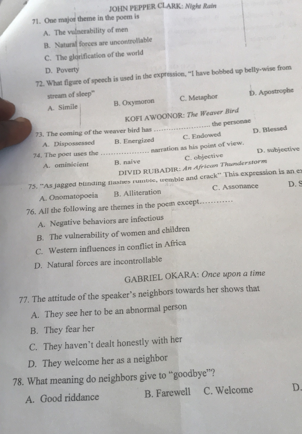 Solved: JOHN PEPPER CLARK: Night Rain 71. One major theme in the poem ...