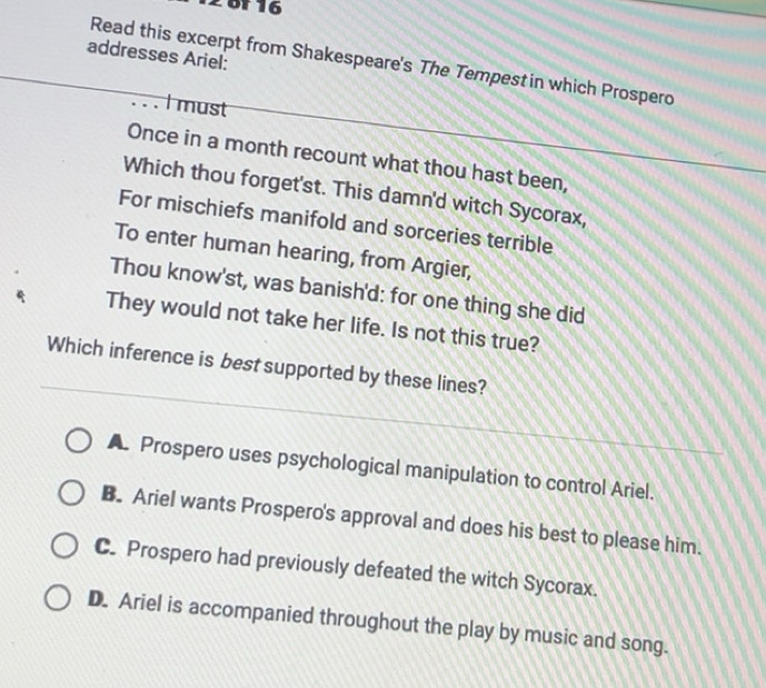 Solved: 2 6f 16 addresses Ariel: Read this excerpt from Shakespeare's ...