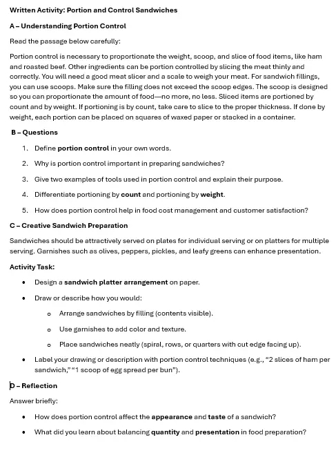 Solved: Written Activity: Portion and Control Sandwiches A ...