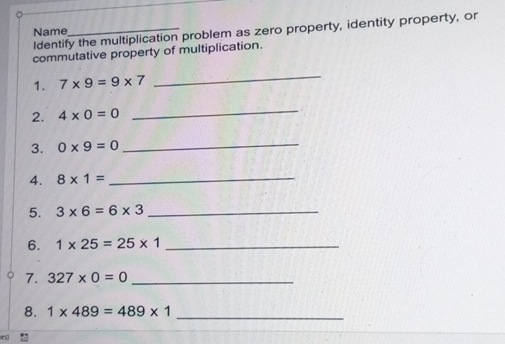 Solved: Identify the multiplication problem as zero property, identity ...