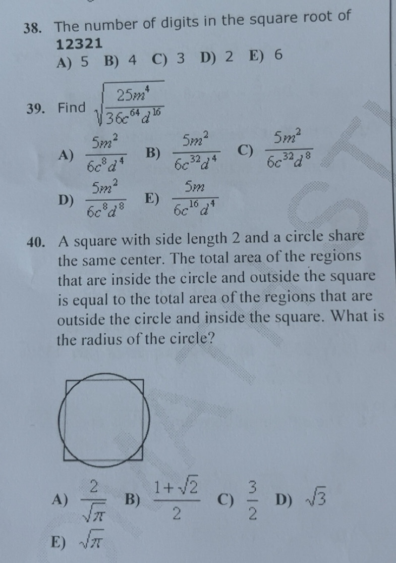 Solved: The number of digits in the square root of 12321 A) 5 B) 4 C) 3 ...