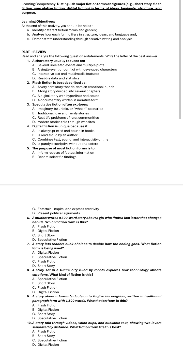 Solved: Learning Competency: Distinguish major fiction forms and genres ...