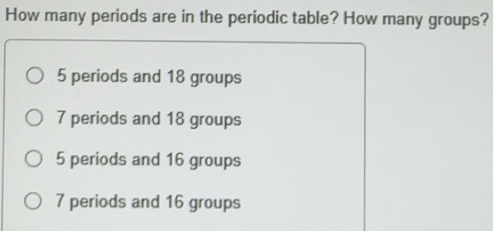 Solved: How many periods are in the periodic table? How many groups? 5 periods and 18 groups 7 ...