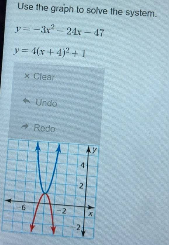 Résolu :Use the graph to solve the system. y=-3x^2-24x-47 y=4(x+4)^2+1 ...