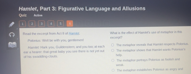 Solved: Hamlet, Part 3: Figurative Language and Allusions Quiz Active 1 ...