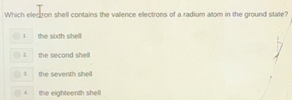 Solved: Which eled ron shell contains the valence electrons of a radium ...